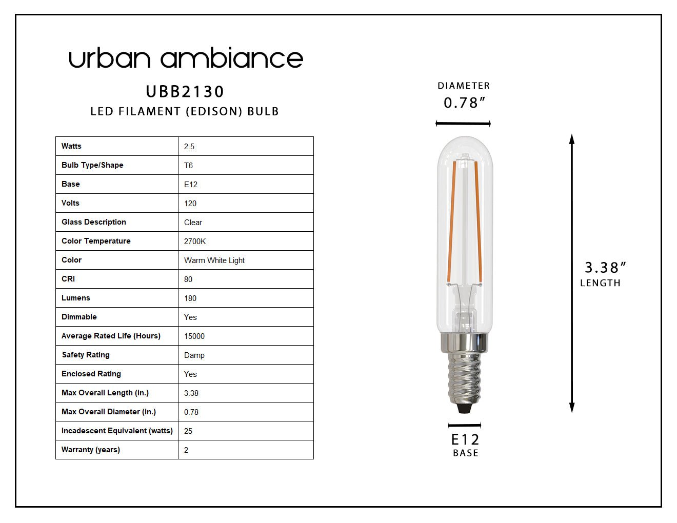 T6 Light Bulb Dimensions | Shelly Lighting