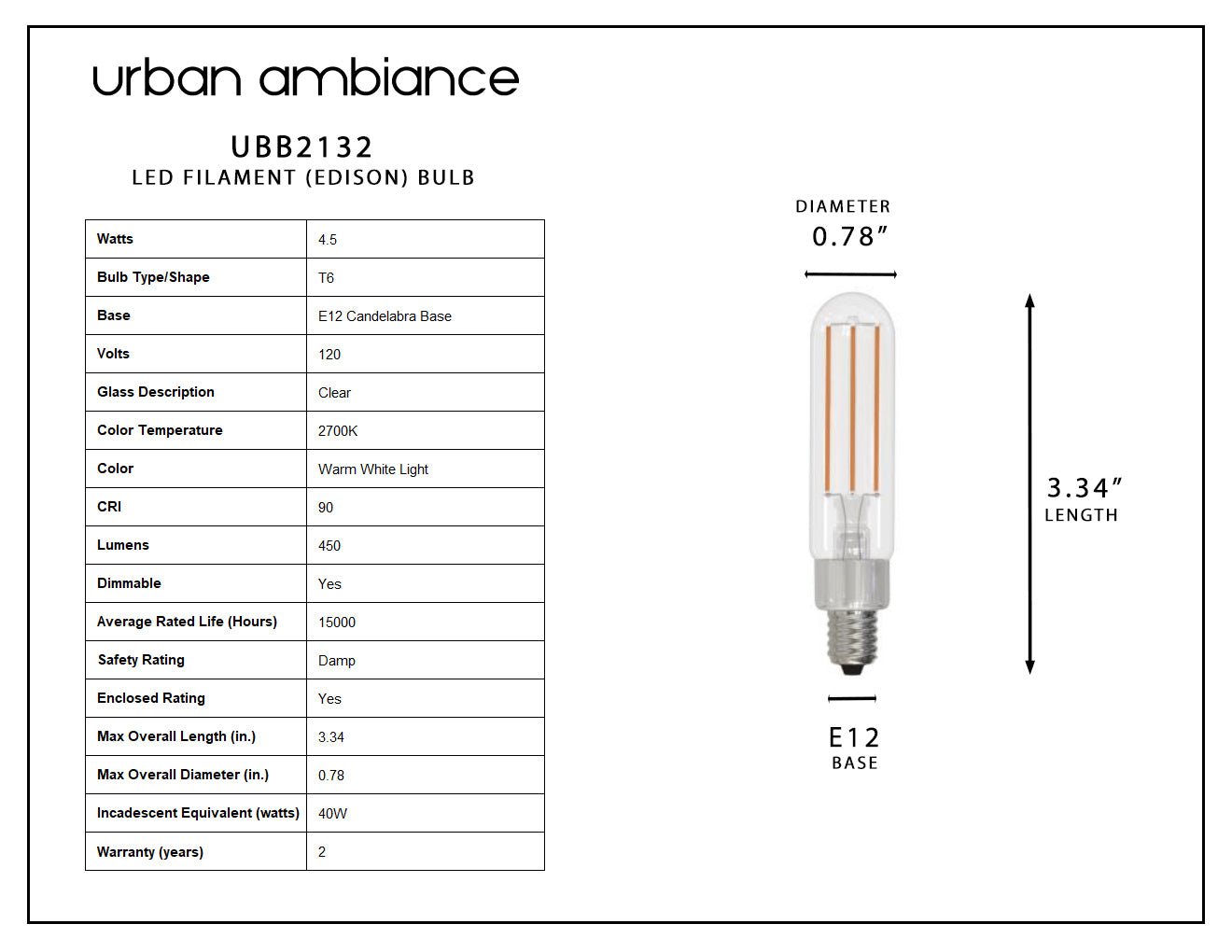 T6 Light Bulb Dimensions | Shelly Lighting
