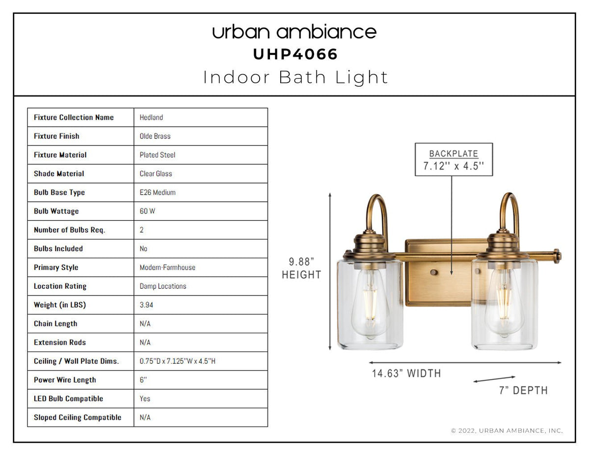 UHP4066 Vintage Bath Light 9.875''H x 14.625''W, Olde Brass Finish, He ...