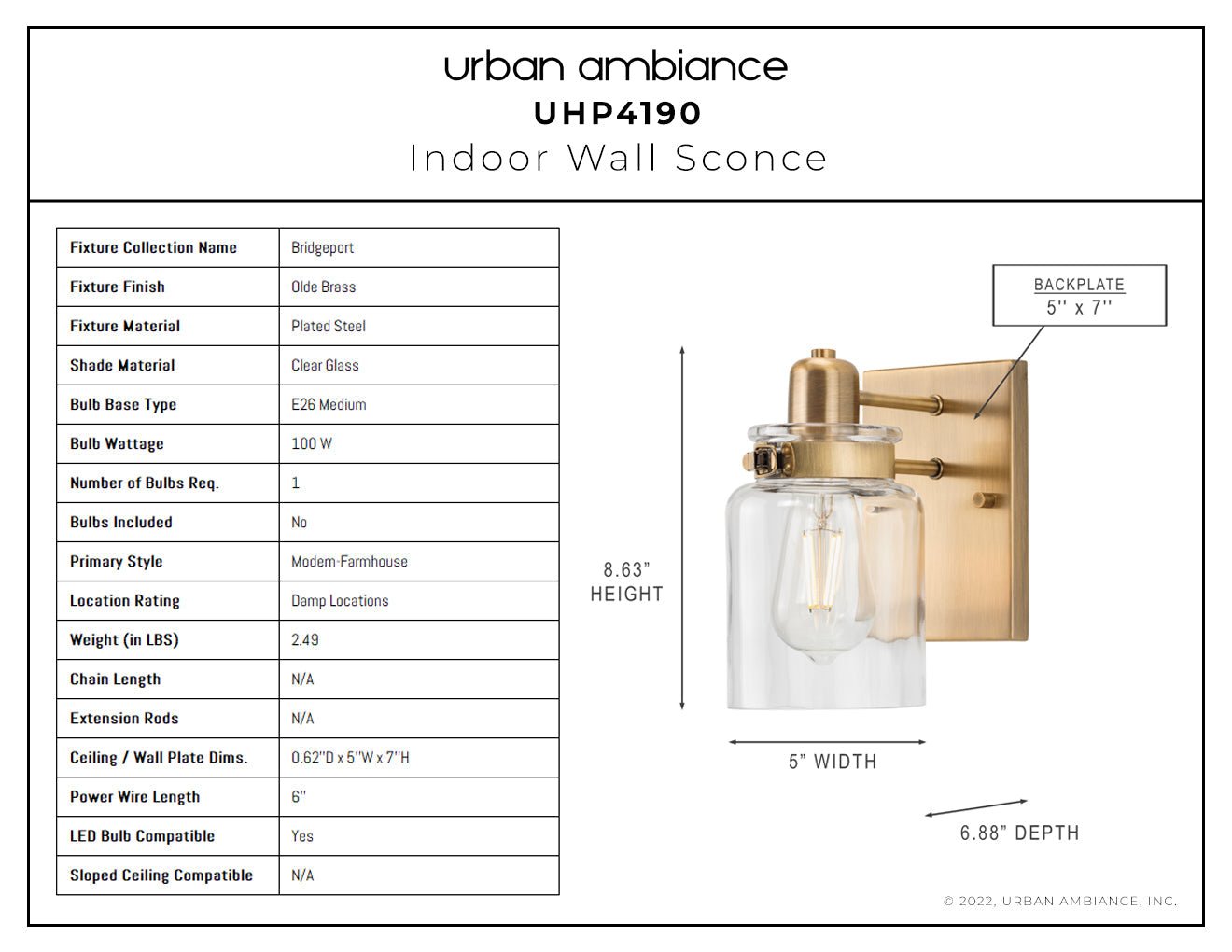 UHP4190 Vintage Wall Sconce 8.625''H x 5''W, Olde Brass Finish, Bridge ...
