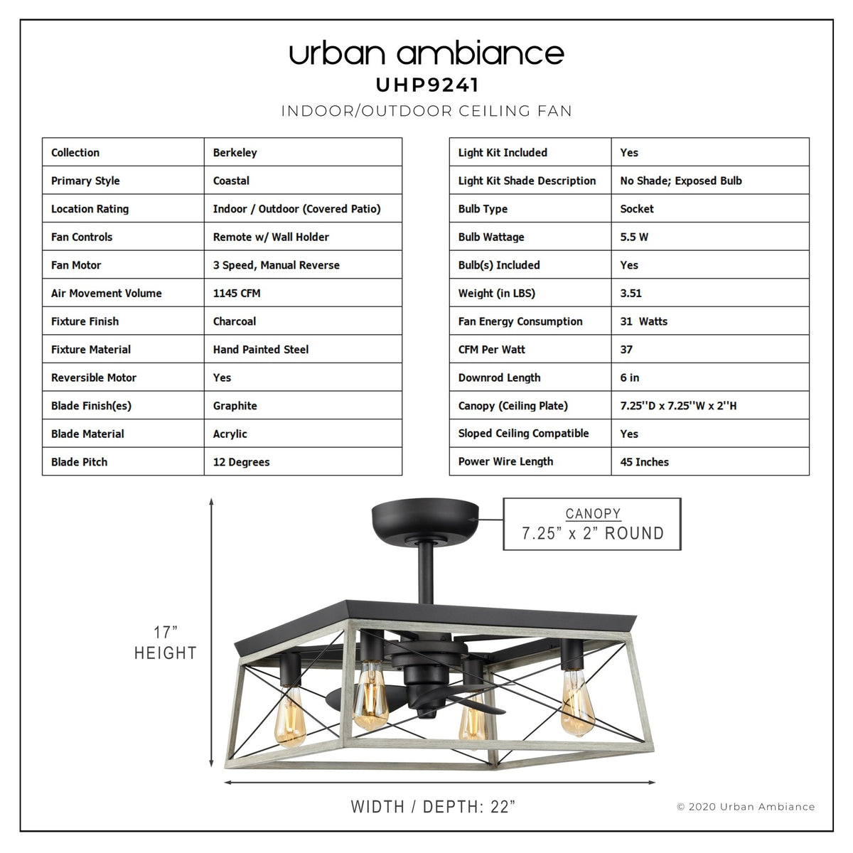 UHP9241 Farmhouse Ceiling Fan 17''H x 22''W, Charcoal Finish, Berkeley ...